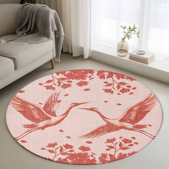 Crane Round Rugs for Living Room 3ft Japanese Crane Silhouette Floral ...