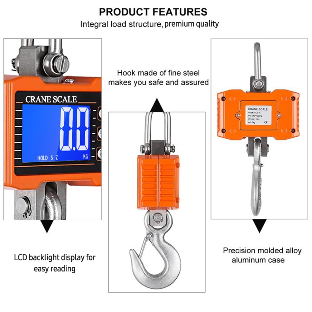 Crane Scale, LCD Backlight Screen, 1000kg Hanging Scale With Data Hold ...
