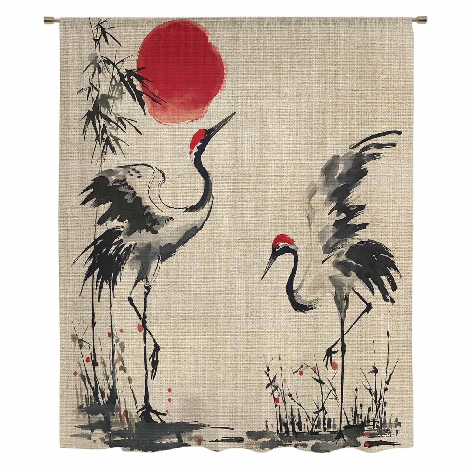 Crane Sheer Curtains 54 Inches Long, Black White Ink Wash Red Moon ...