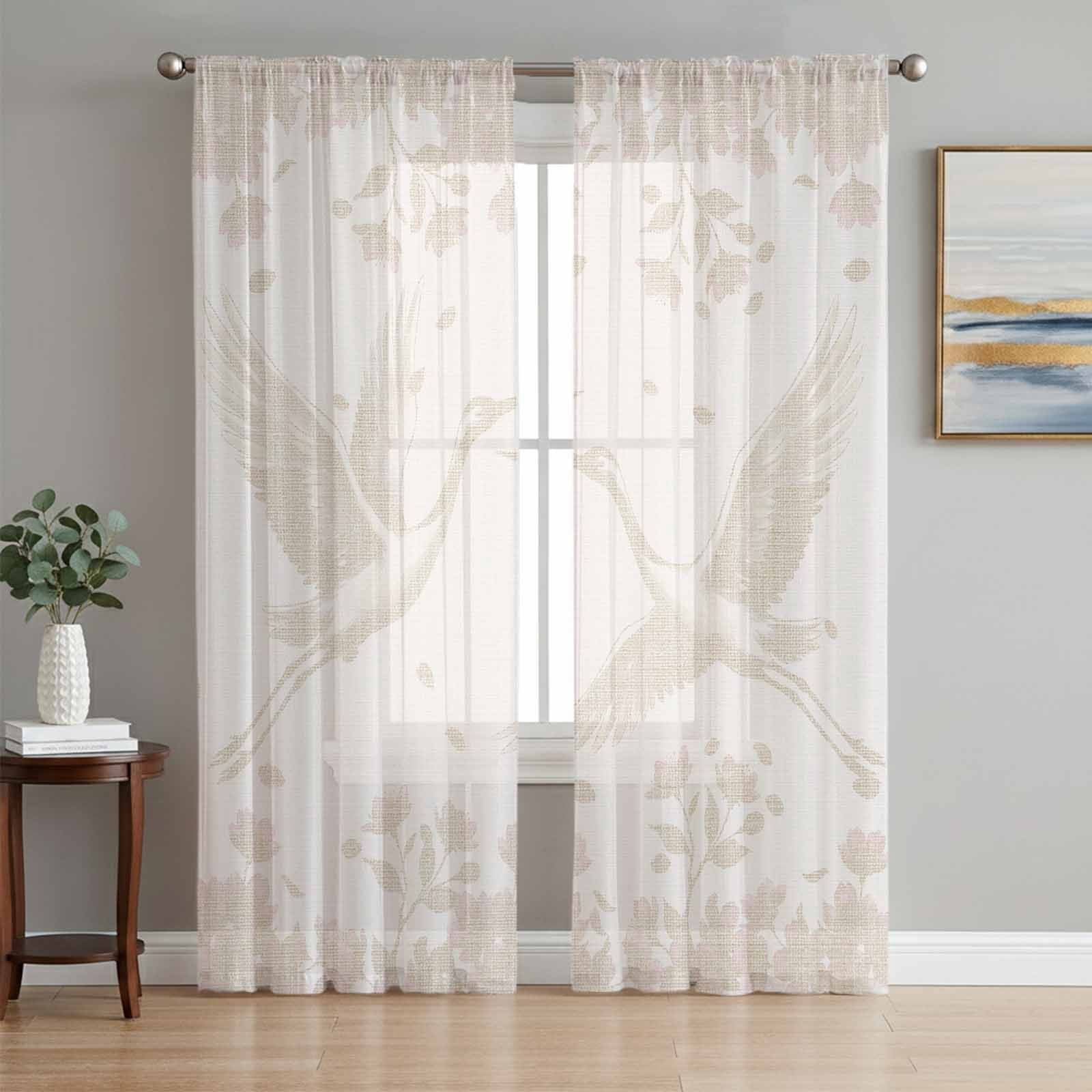 Crane Sheer Curtains for Living Room Bedroom, Japanese Crane Silhouette ...