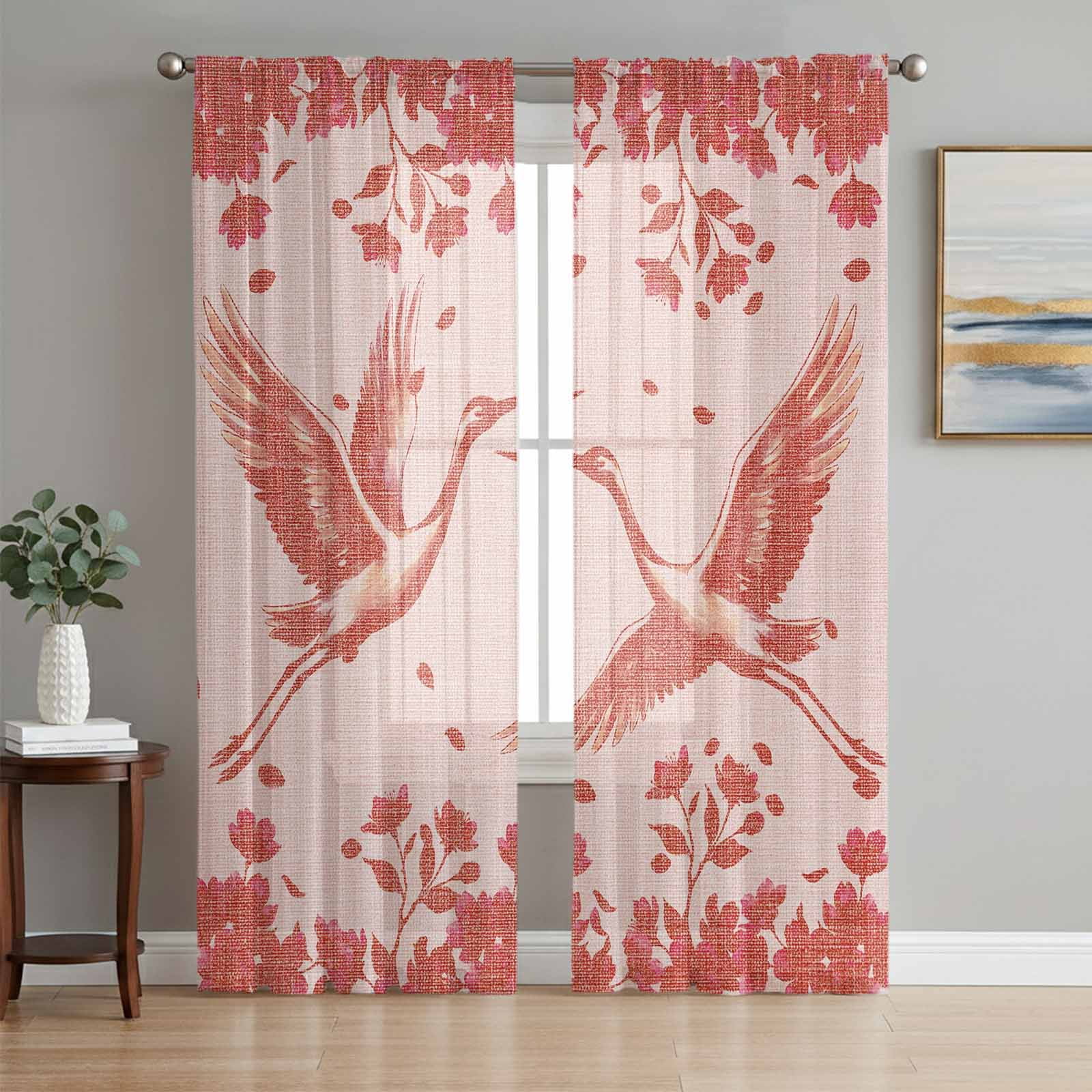 Crane Sheer Curtains for Living Room Bedroom, Japanese Crane Silhouette ...