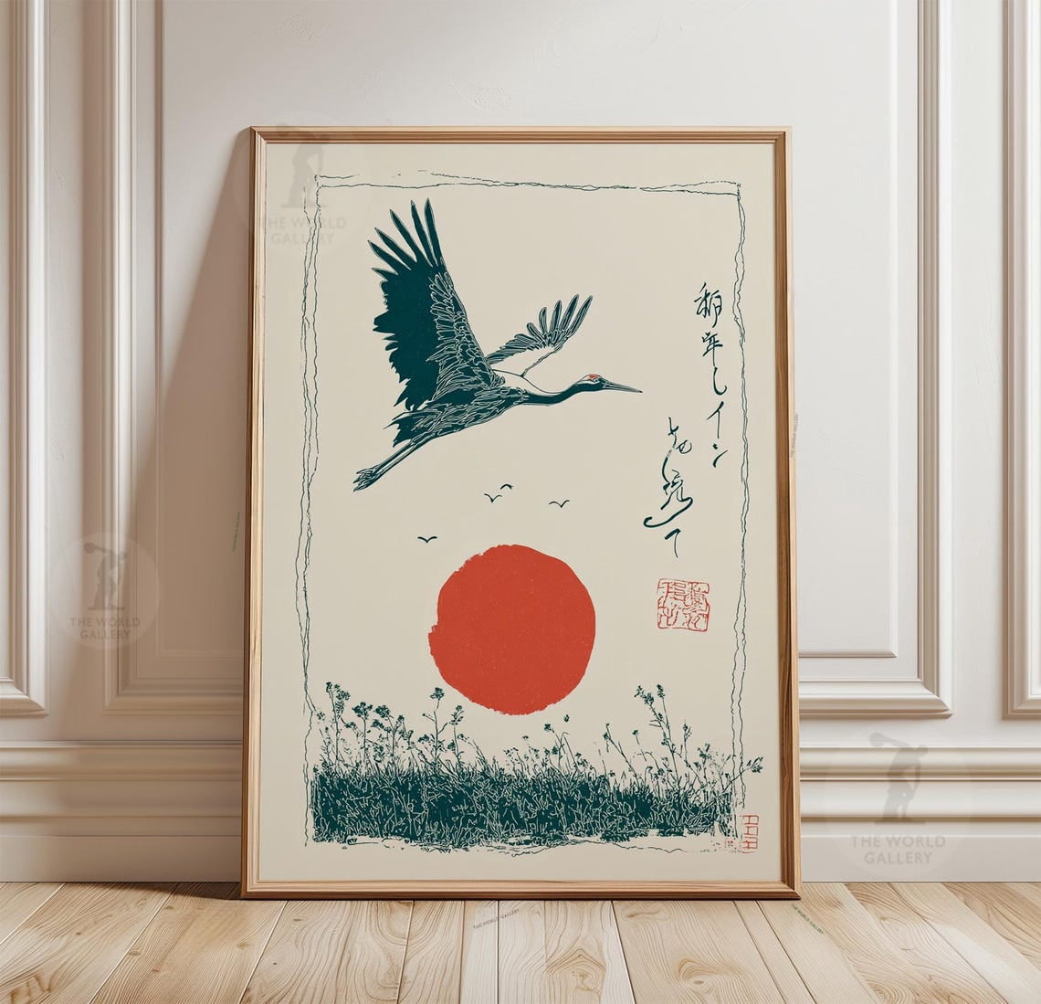 Crane Sun Poster Japanese Minimal Art Flying Bird Zen Nature Decor ...