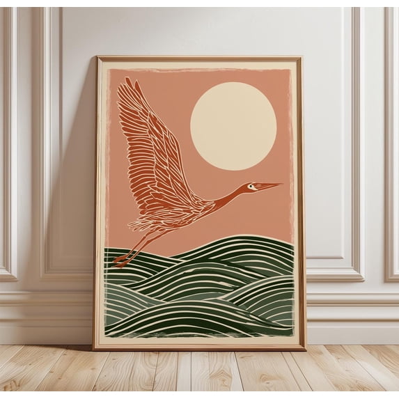 Crane Sunset Poster, Japanese Bird Wall Art, Nature Print, Poster Only ...