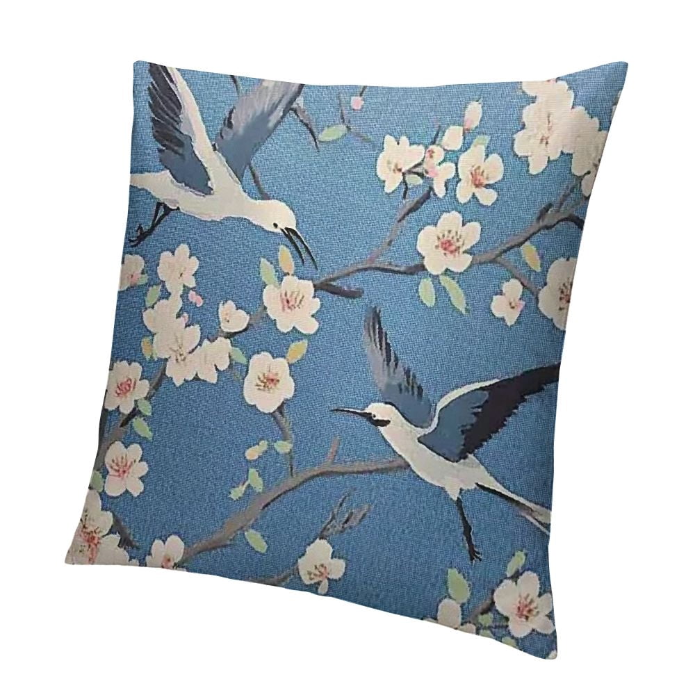 Crane Throw Pillow Case Cushion Covers Flying Bird Flower Blue White ...