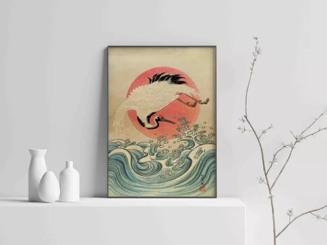 Crane, Waves And Rising Sun Print, Japanese Art Print, Bird Print ...
