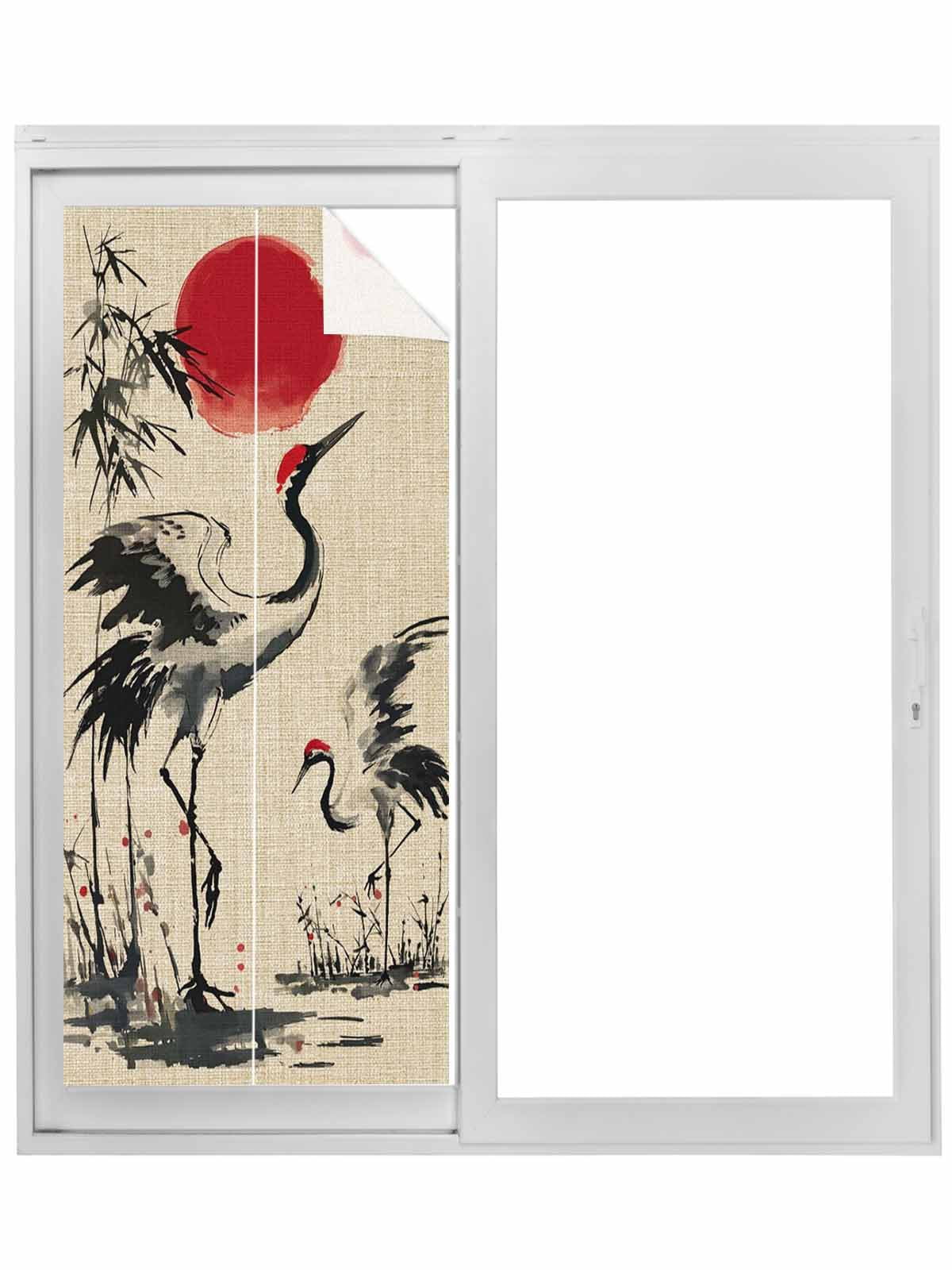 Crane Window Privacy Film, Black White Ink Wash Red Moon Botanical ...