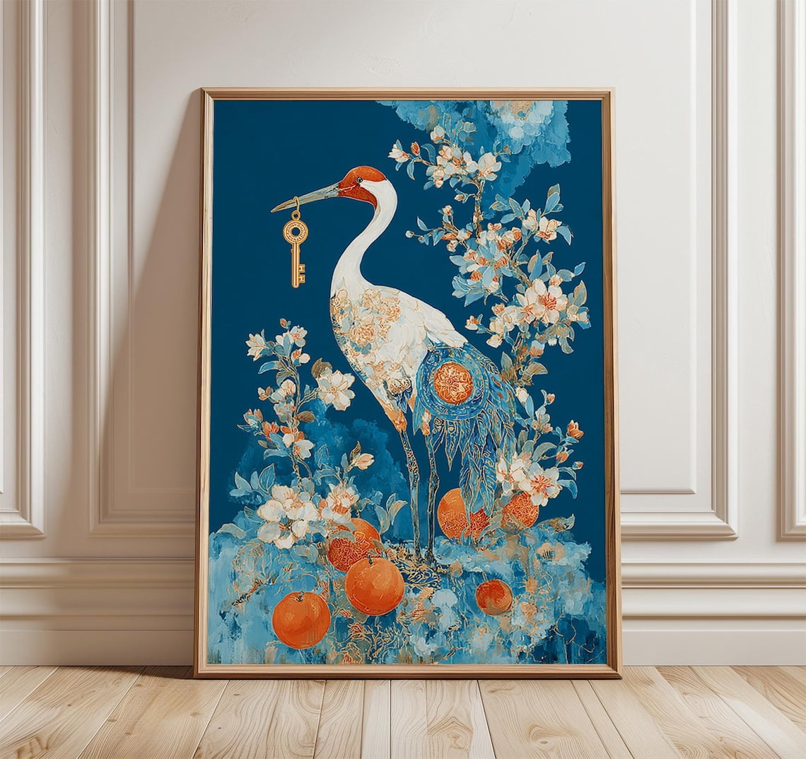 Crane With Key Japanese Floral Blue Orange Wall Decor Nature Art ...