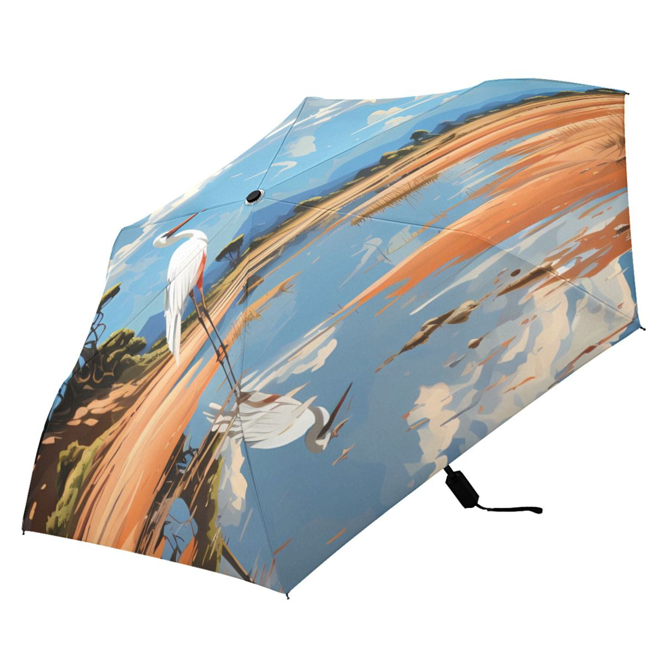 Crane with Sky Compact Folding Umbrella for Rain Windproof Travel ...
