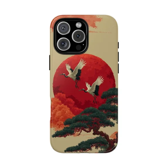 Cranes Birds Red Sun Trees Phone Case for iPhone 17 11 12 13 14 15 16 ...