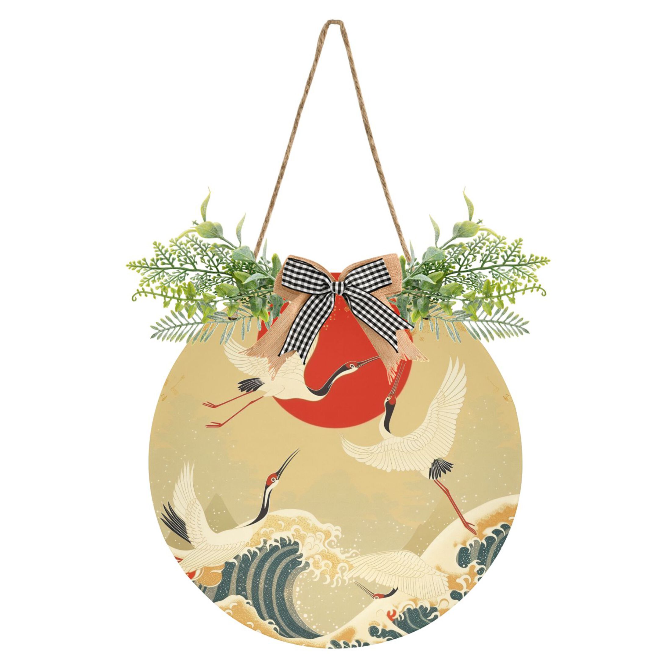 Cranes Birds with Waves and Sun Welcome Front Door Sign Round 12 inch ...