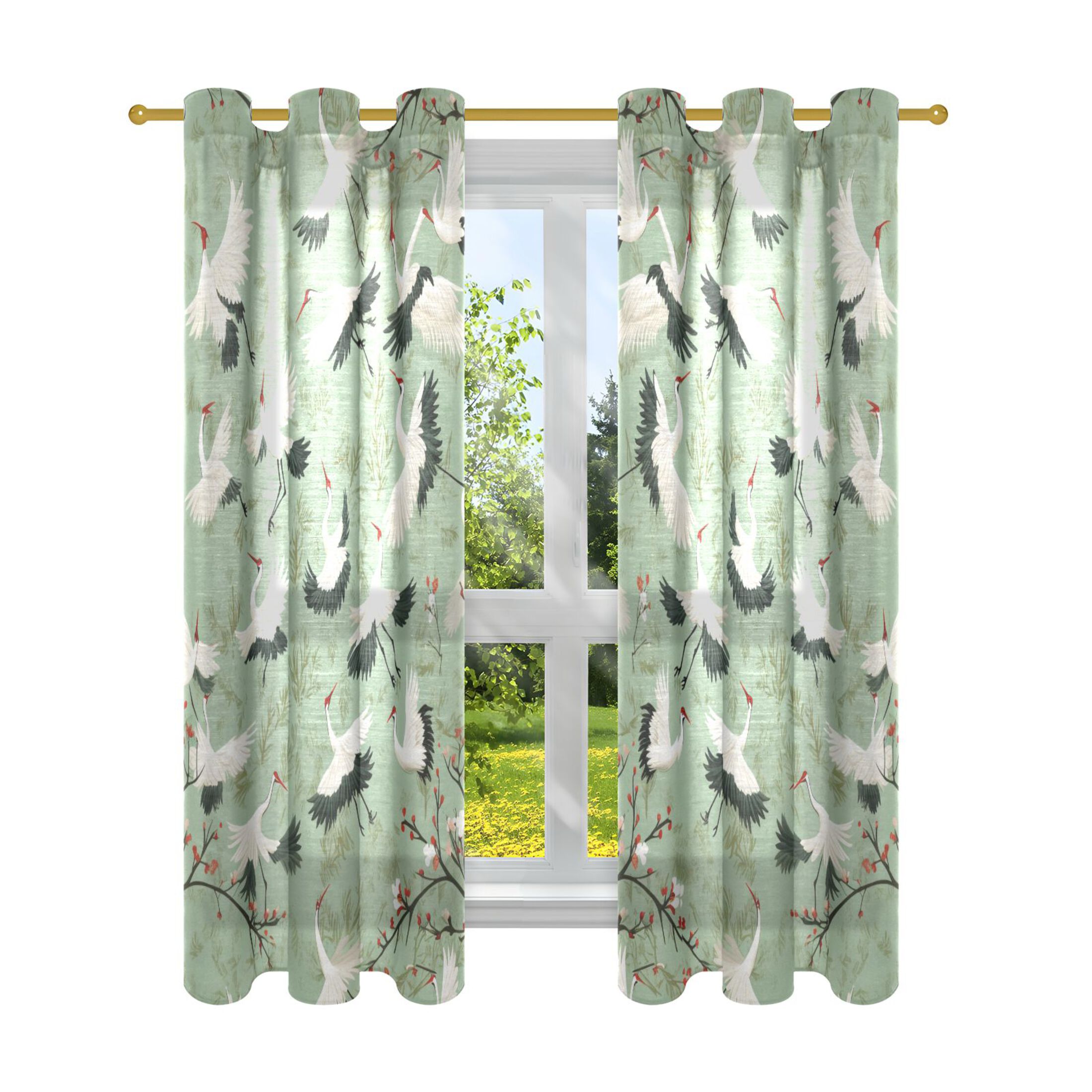 Cranes Flying Semi Sheer Curtains for Living Room Bedroom Set of 2 ...