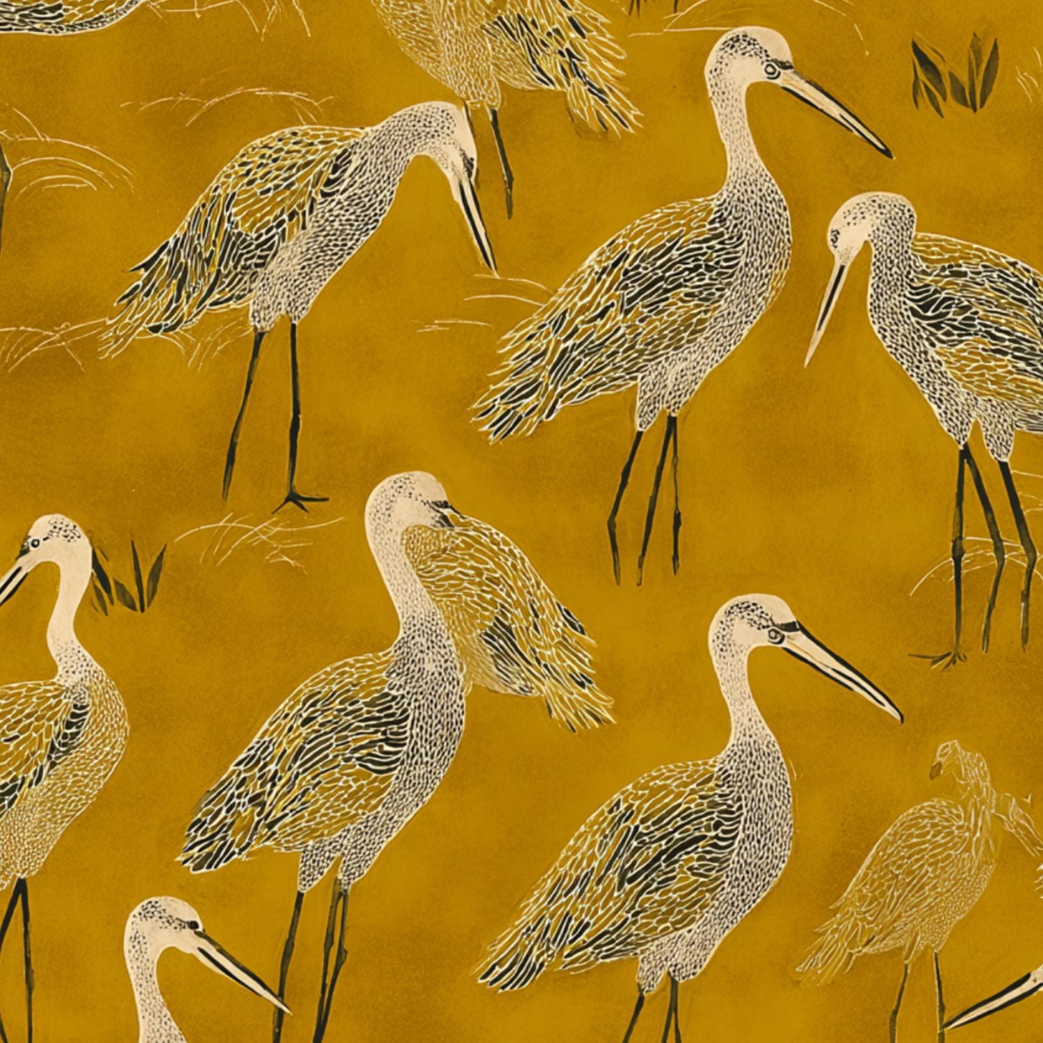 Cranes Peel and Stick Wallpaper 17.7in x 9.8ft Vintage Storks Mustard ...