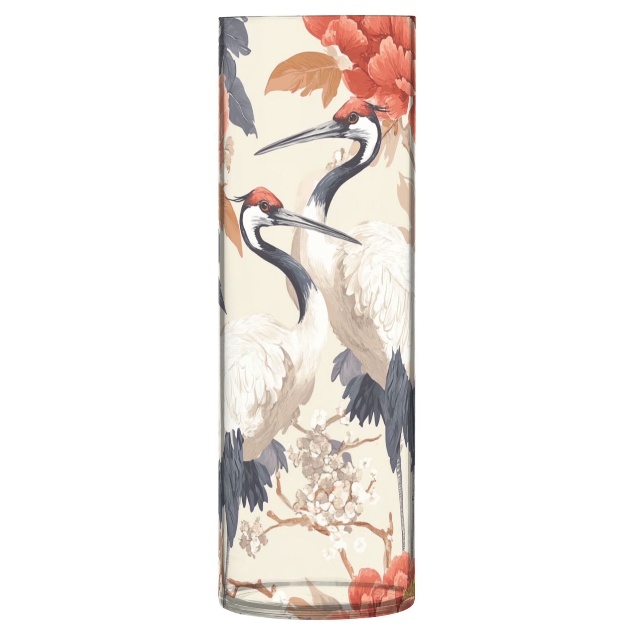 Cranes Peony Flowers Leaves Plastic Cylinder Vase Translucent Flower ...