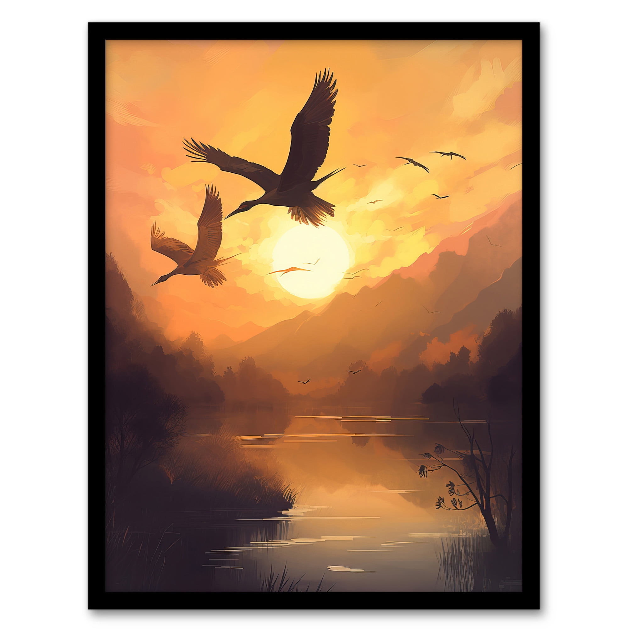 Cranes Soaring Against a Golden Sunset Sky Atmospheric Painting Warm ...