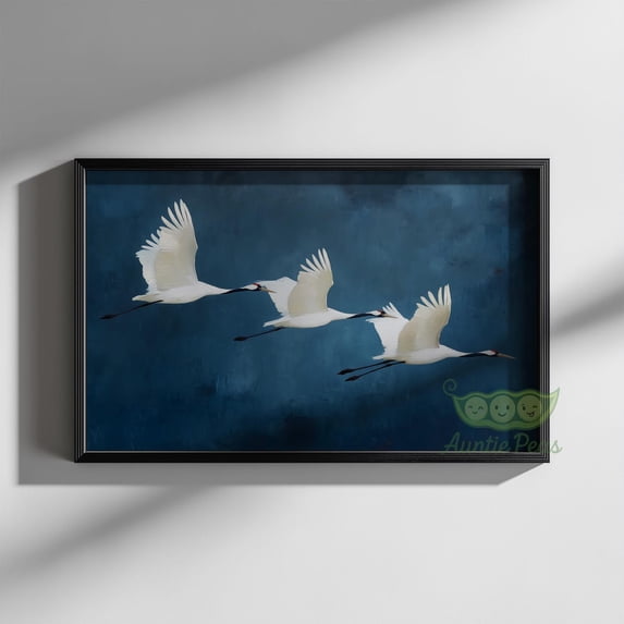 Cranes Wall Art Dark Blue Japanese Decor Moody Crane Japandi Bird ...
