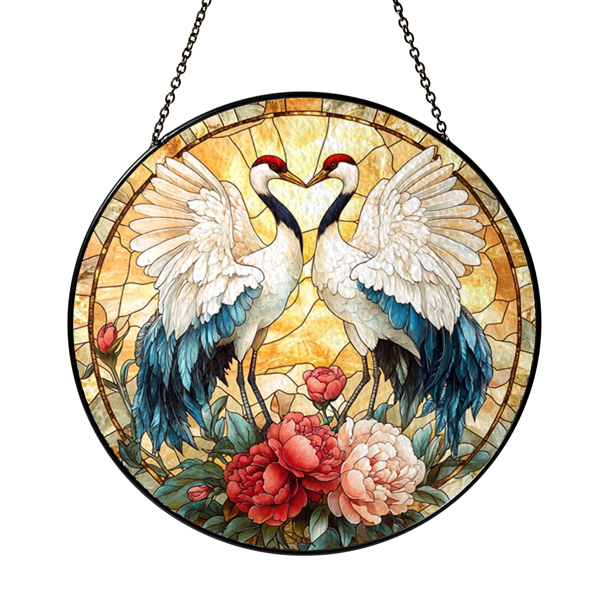 Cranes and Peony Flowers Stained Glass Window Hanging Decorative Glass ...