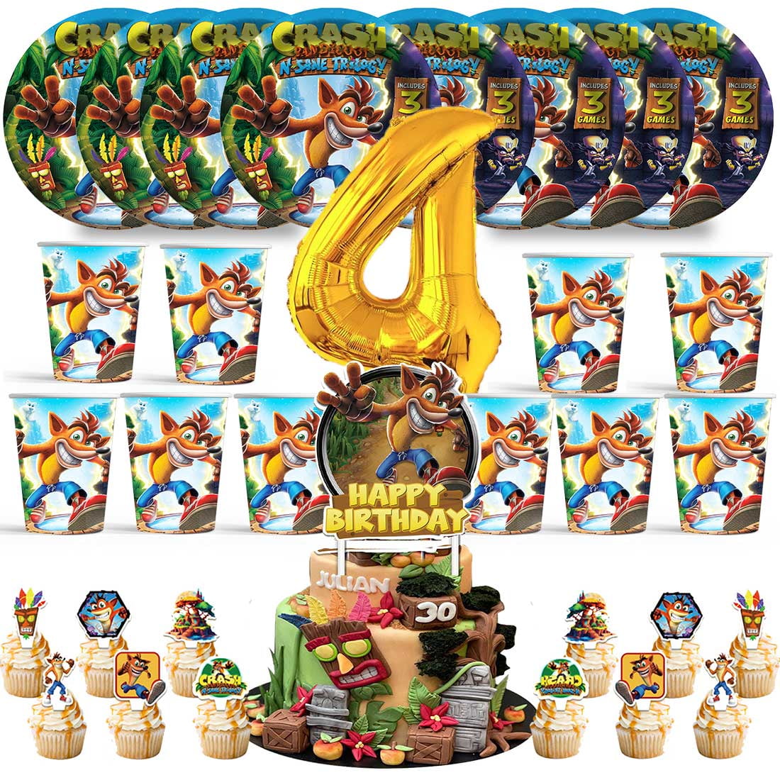 Crash Bandicoot Birthday 4th Cups Party Supplies Plates Fans ...