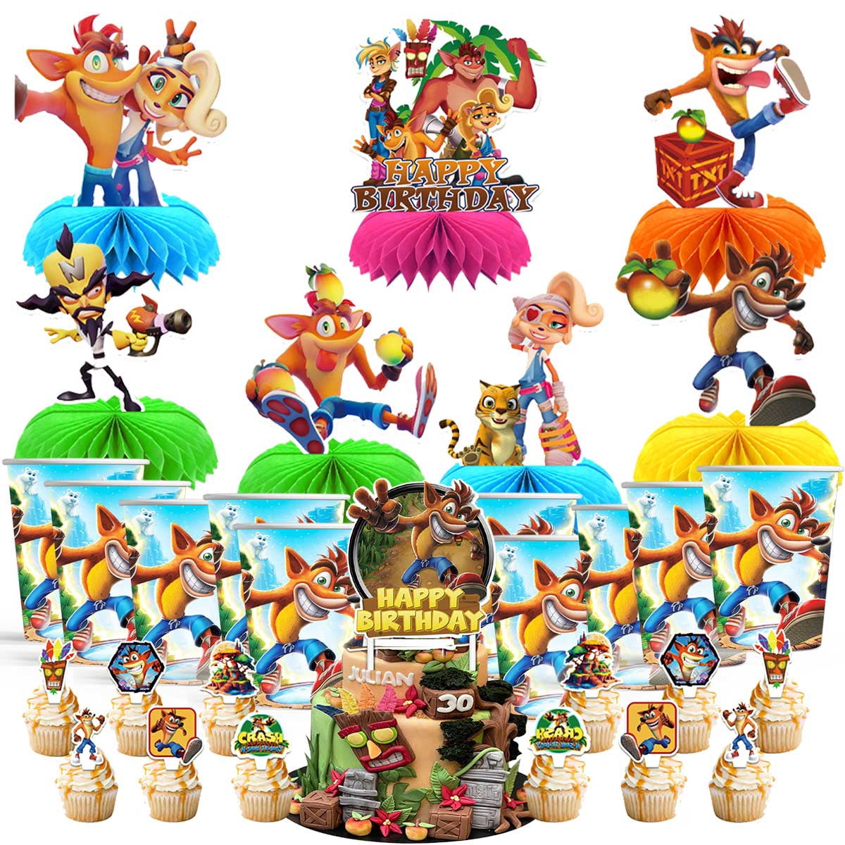 Crash Bandicoot Party Supplies Decor Cups Fans Decorations Honeycomb ...