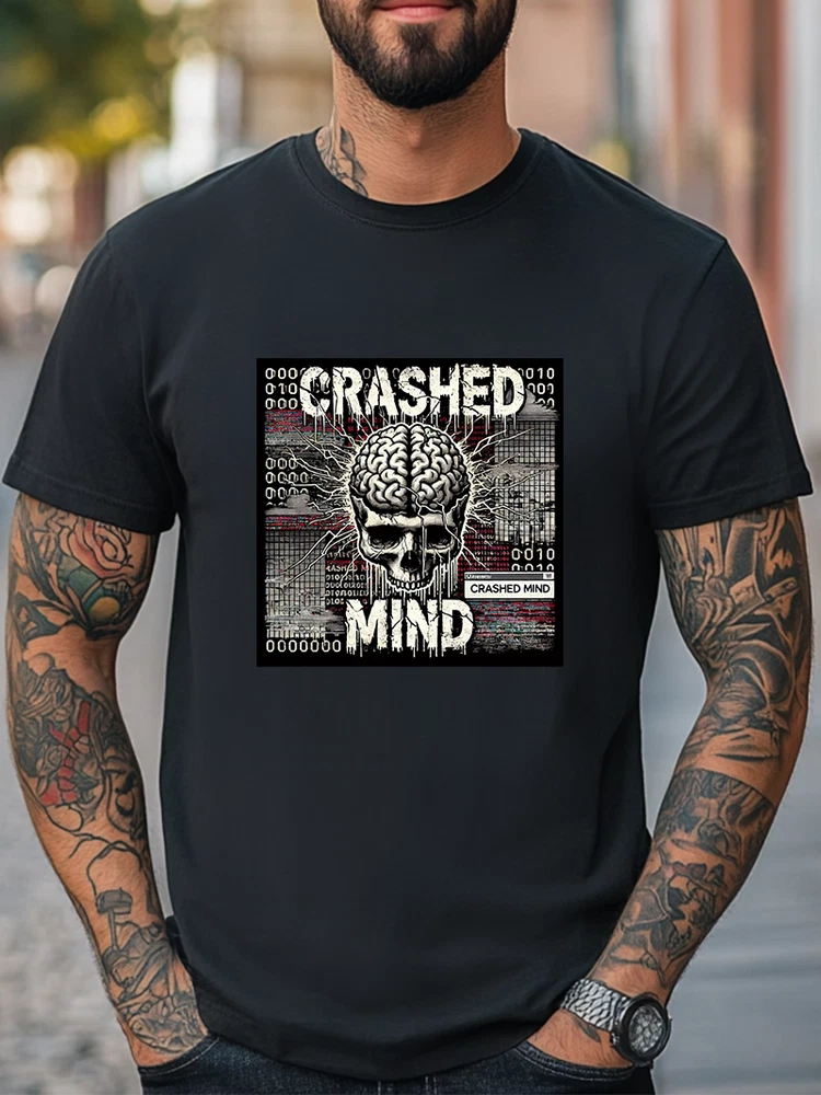 Crashed Mind Bony Head Glitch Brain Binary Code Graphic Casual Unisex T ...