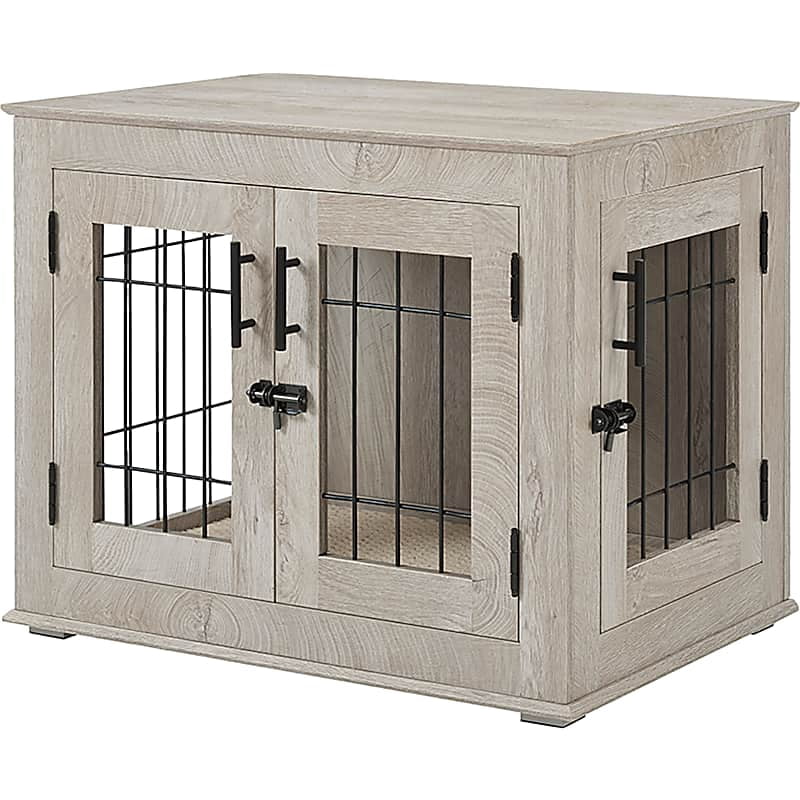 Crate Wooden End Table with Wire Dog Kennel & Bed in Weathered Gray ...