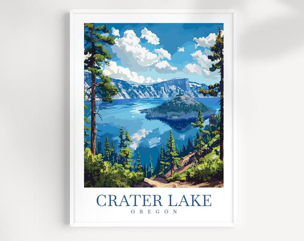 Crater Lake Oregon Travel Print Wall Art - Illustrated Lake Landscape ...