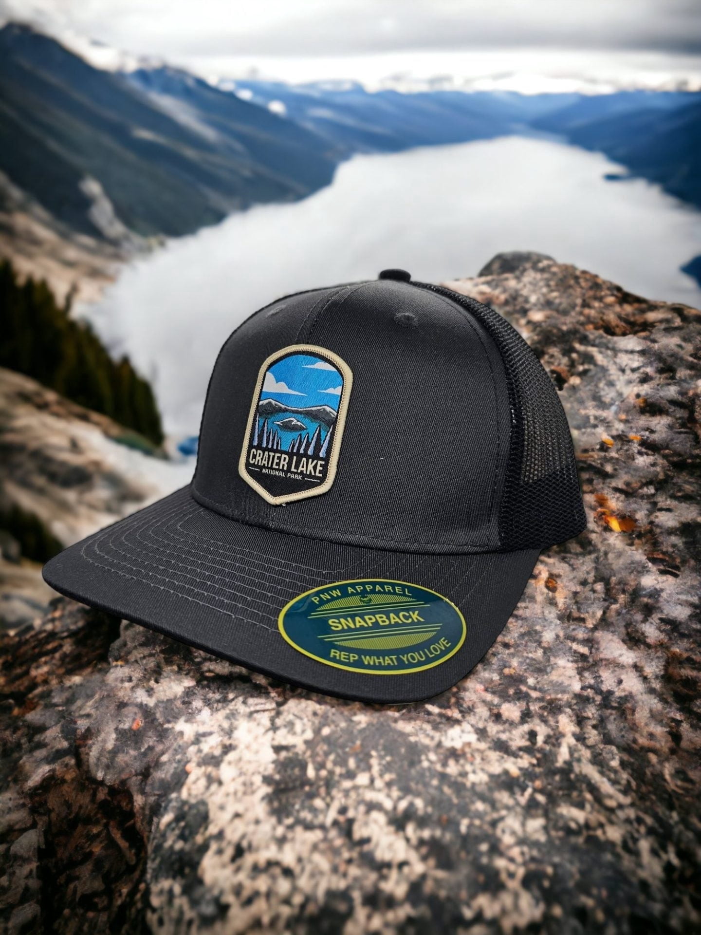 Crater Lake Snapback Hat for National Park Enthusiasts - Grey on Black ...