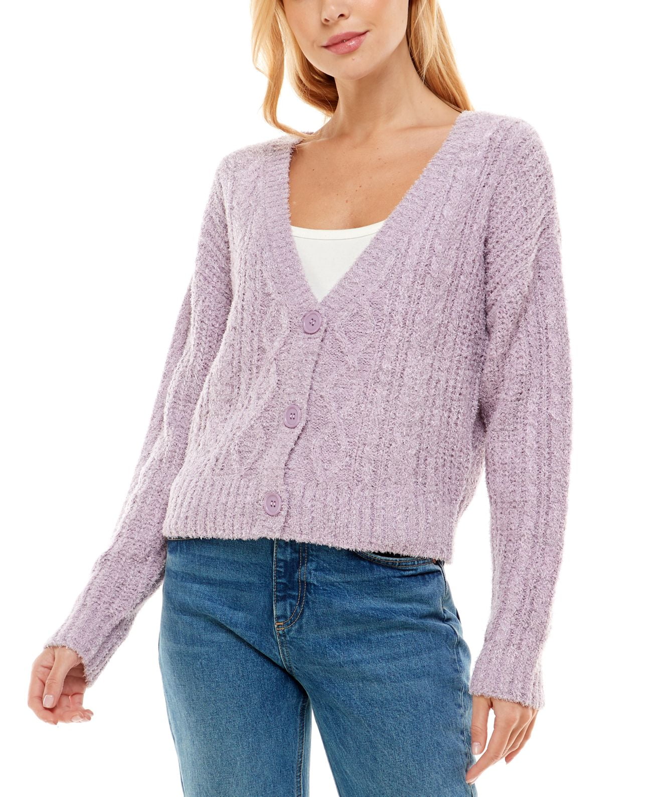 Crave Fame Juniors’ Cable-Knit Cardigan, Lilac/L - Walmart.com