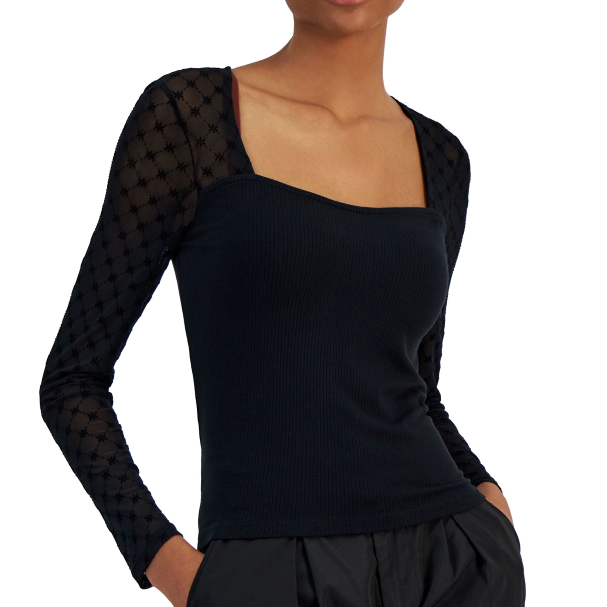 Crave Fame Womens Flocked Illusion Mesh Knit Blouse, Black, Large ...