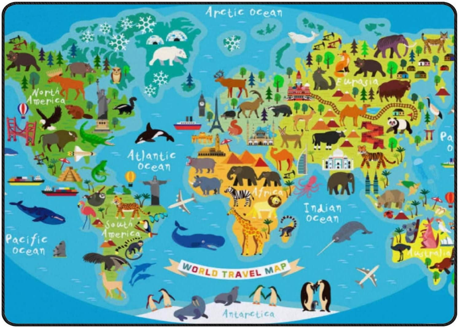 Crawling Indoor Carpet Play Mat Animals World Map Blue for Living Room ...