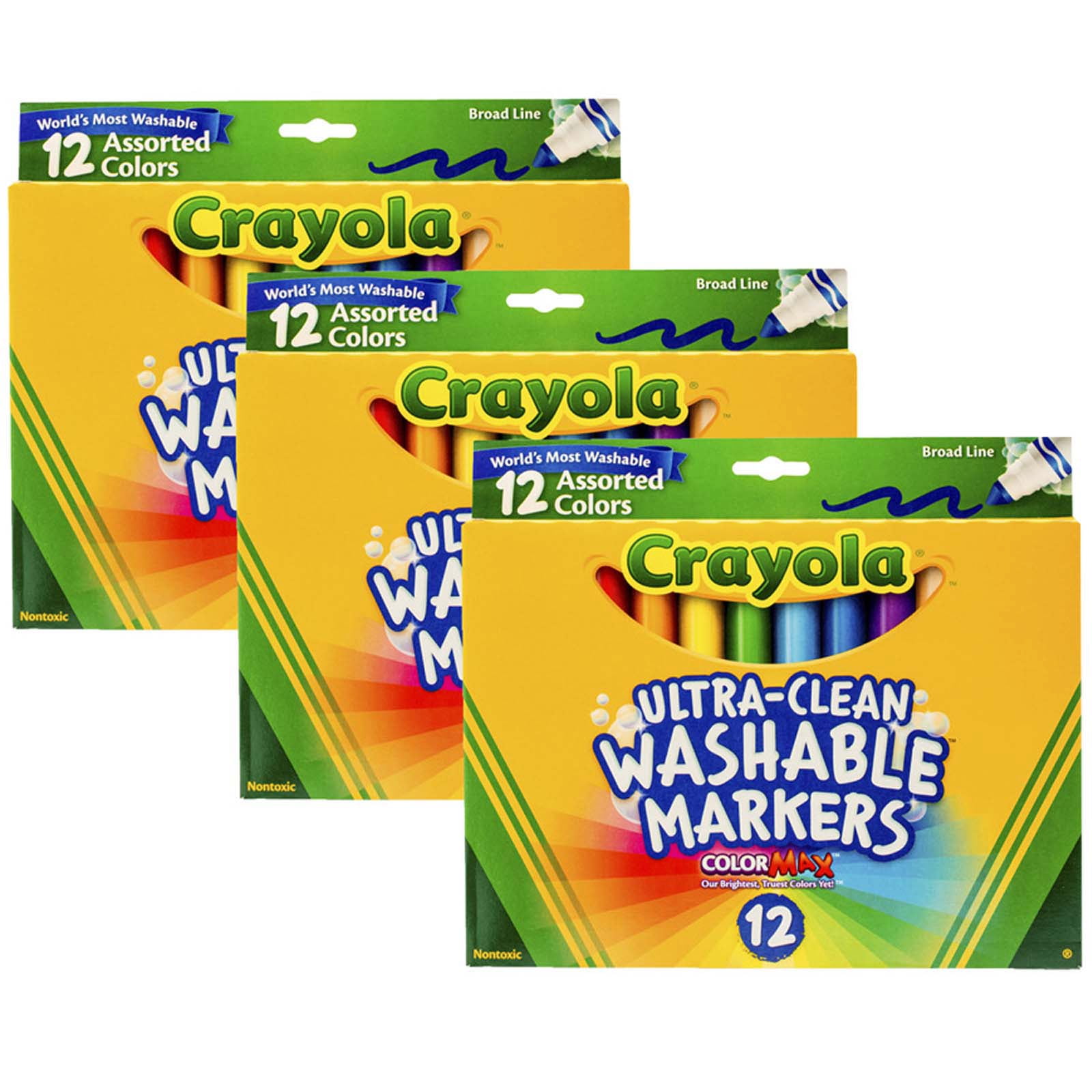 Crayola Ultra-Clean Markers, Broad Line, Assorted Colors, 12 Per Box, 3 ...