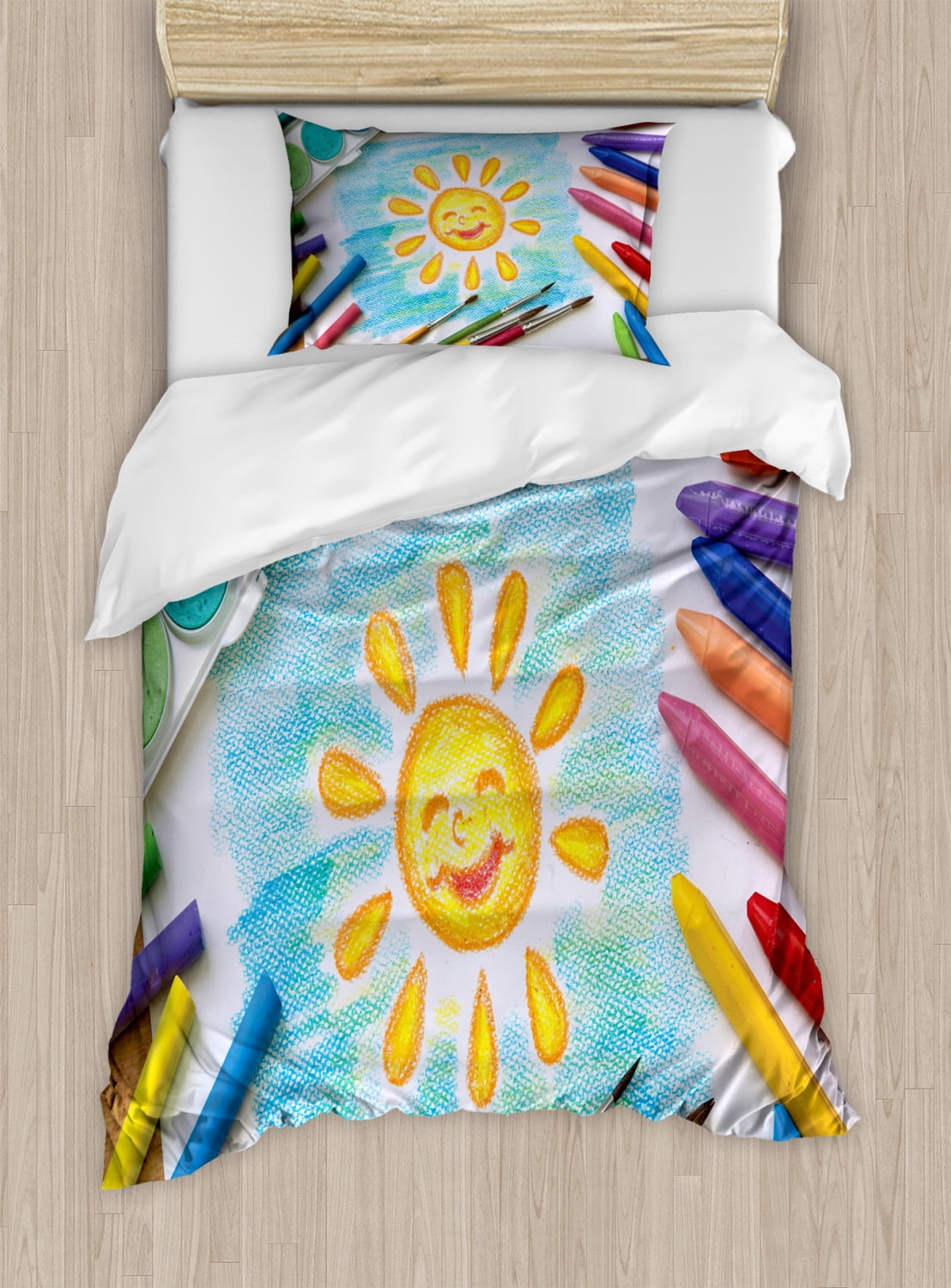 Crayon Duvet Cover Set Twin Size, Photo of Child's Drawing with ...