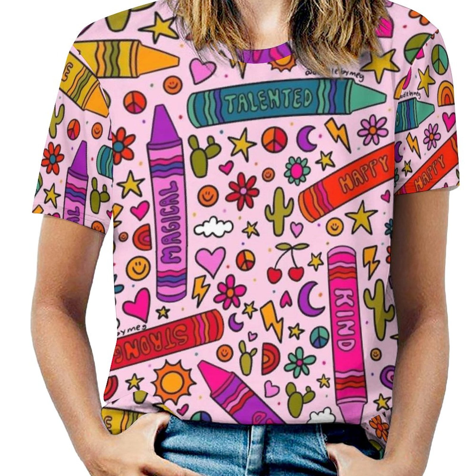 Crayon Print New Fashion Zip Off Shoulder Top Short-Sleeve Women Shirt ...