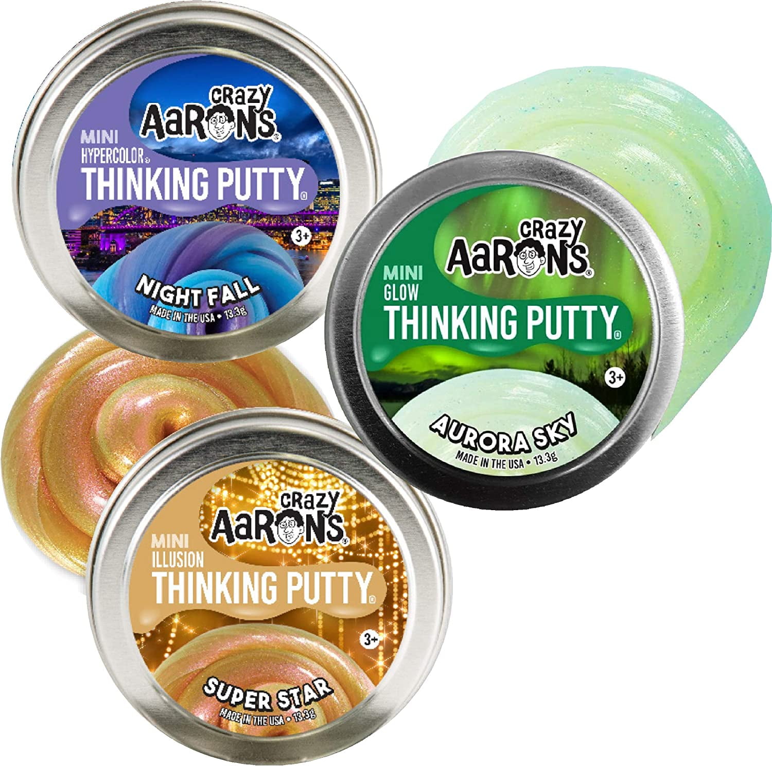 Crazy Aaron's Putty Super Sky Mini Tins (.47oz Each) Nightfall (Hypercolor), Super Star ...
