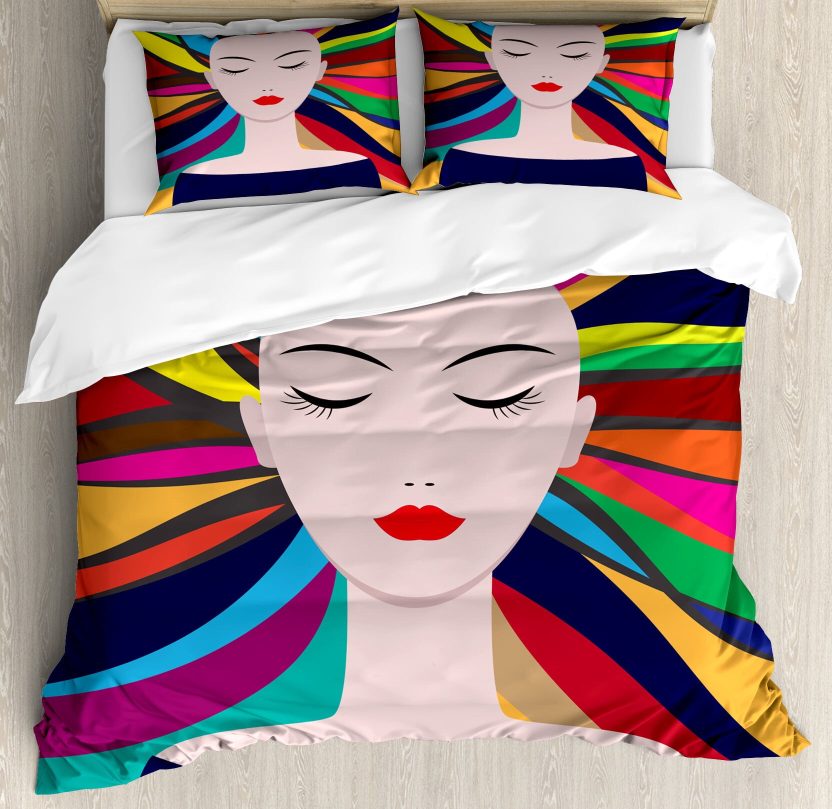 Crazy Art Duvet Cover Set, Lady Portrait with Closed Eyes and Colorful ...