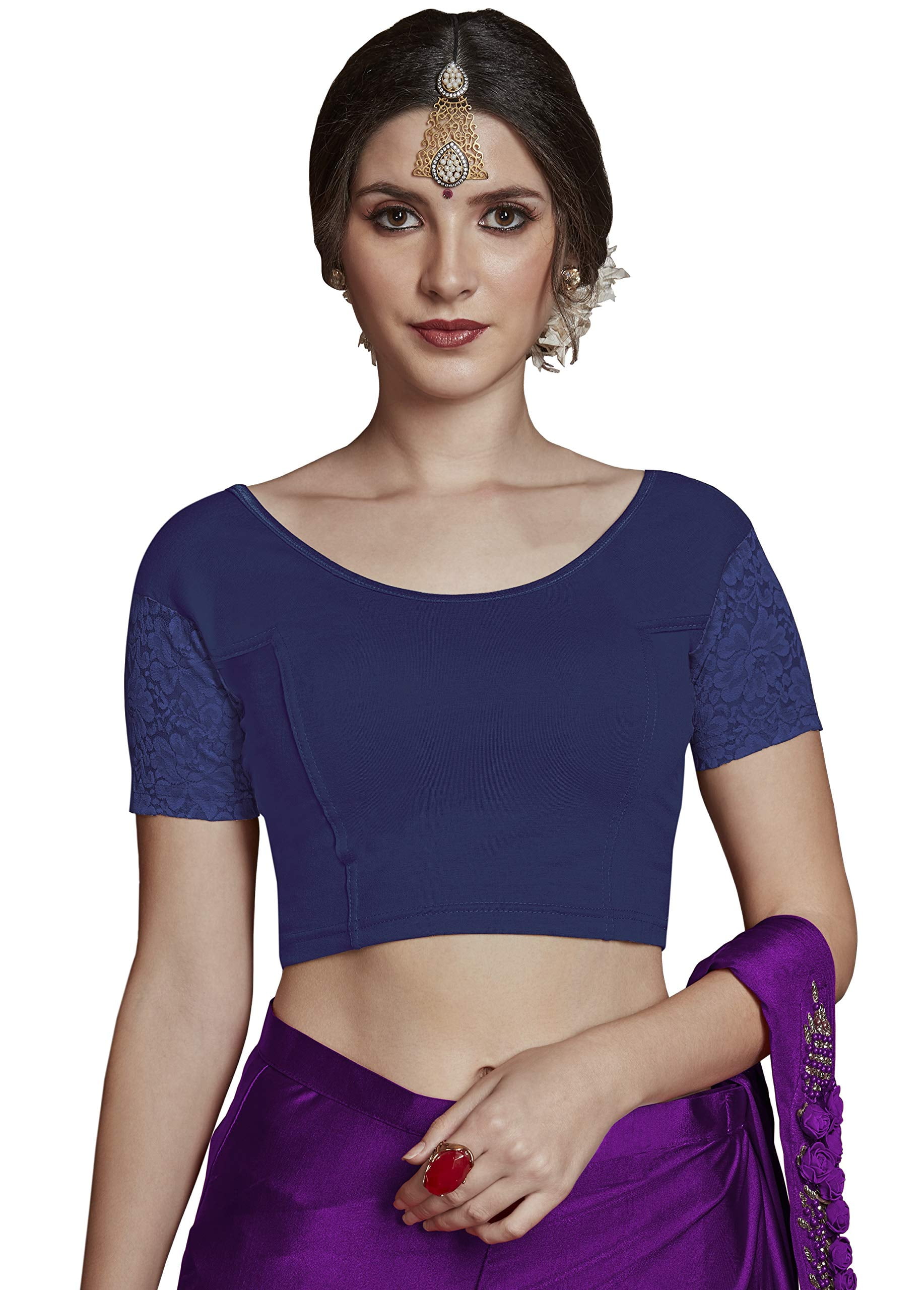 Crazy Bachat Women's Designer Royal Blue Net Cap Sleeve Stretch Blouse for Saree Crop Top ...