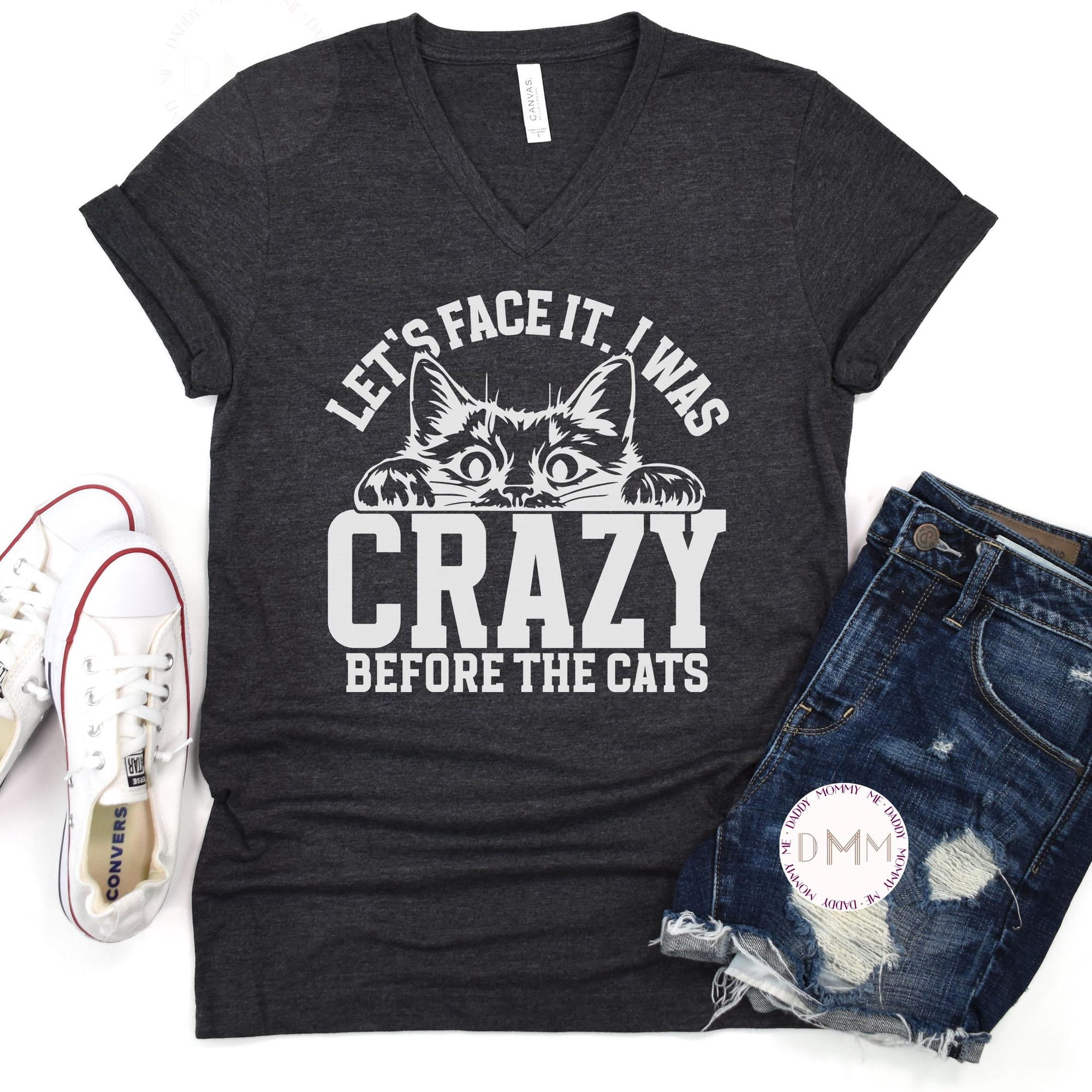 Crazy Before Cats V Neck Graphic Tee Funny Cat Lady Shirt - Walmart.com