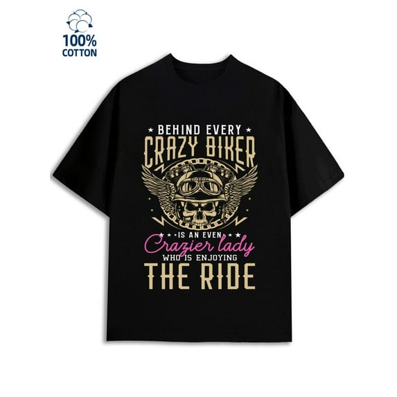 Crazy Biker Lady for men funny humor 180G 100% Cotton black work vintage Retro Unisex Shirt ...