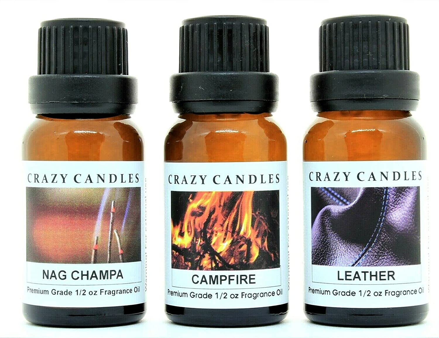 Crazy Candles 3 Bottles Set, 1 Leather, 1 Campfire, 1 Nag Champa 1/2 Fl ...