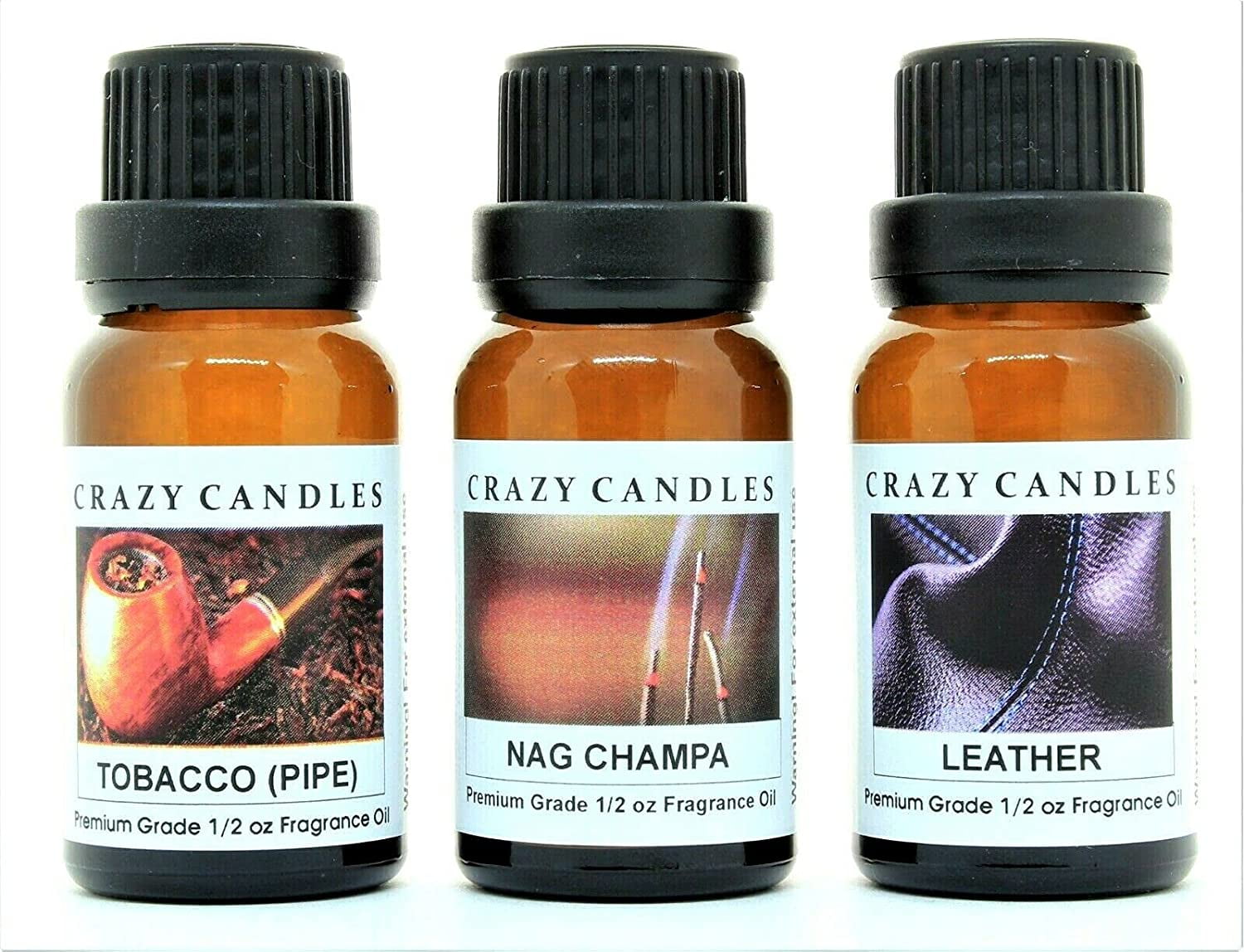 Crazy Candles 3 Bottles Set, 1 Leather, 1 Tobacco (Pipe), 1 Nag Champa ...