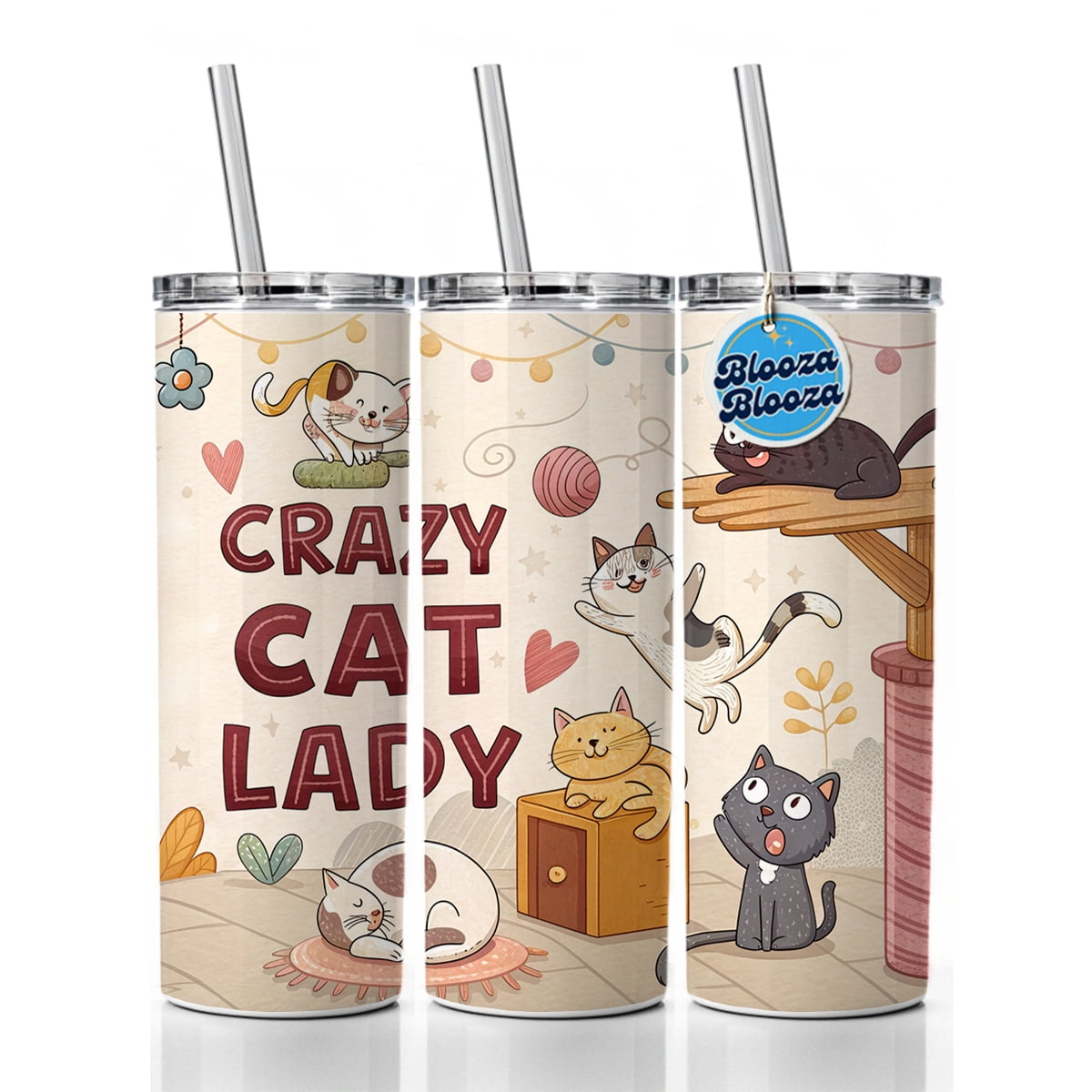 Crazy Cat Lady Funny Cartoon 20oz Insulated Water Bottle Skinny Tumbler ...