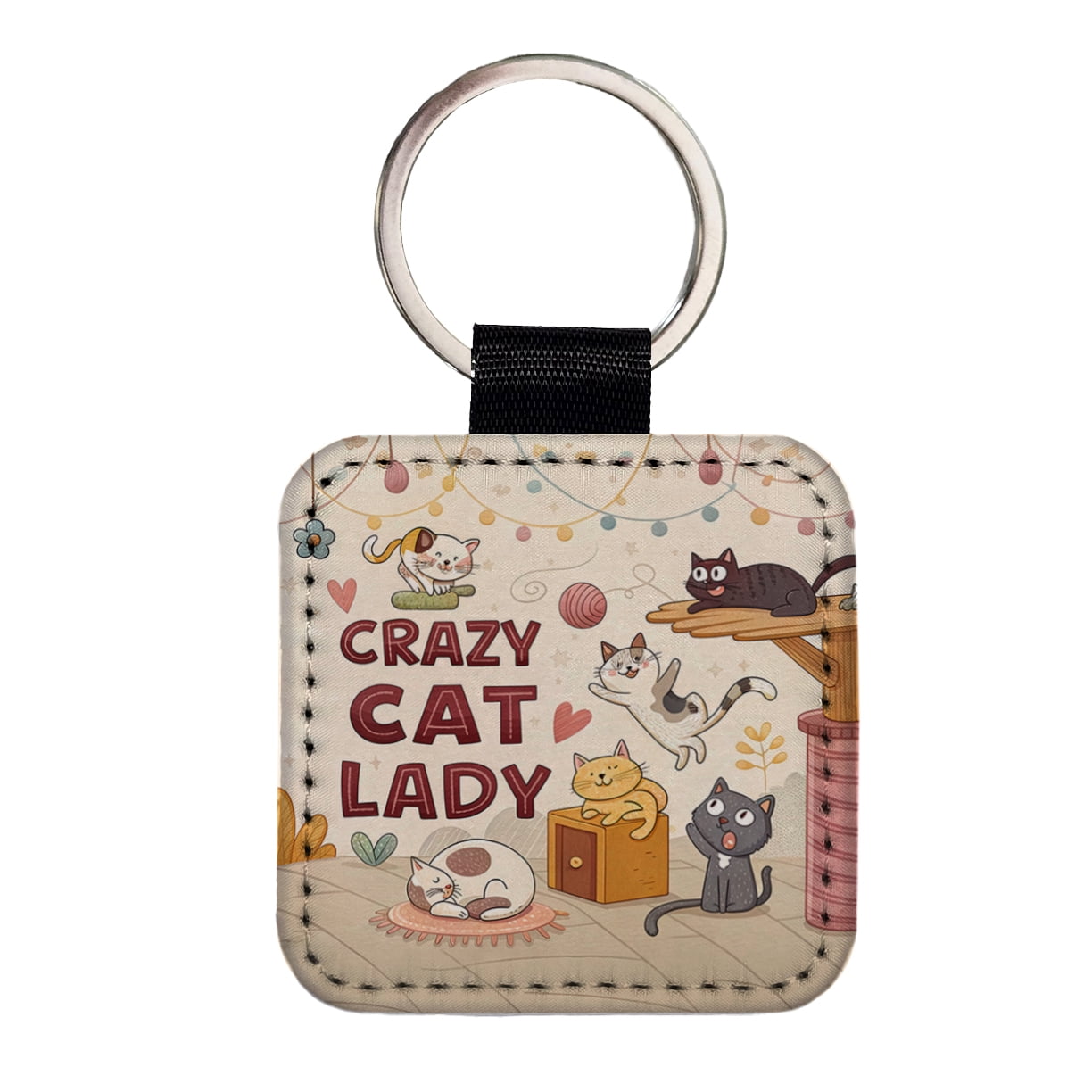 Crazy Cat Lady Funny Cartoon Faux Leather Square Keychain - Walmart.com