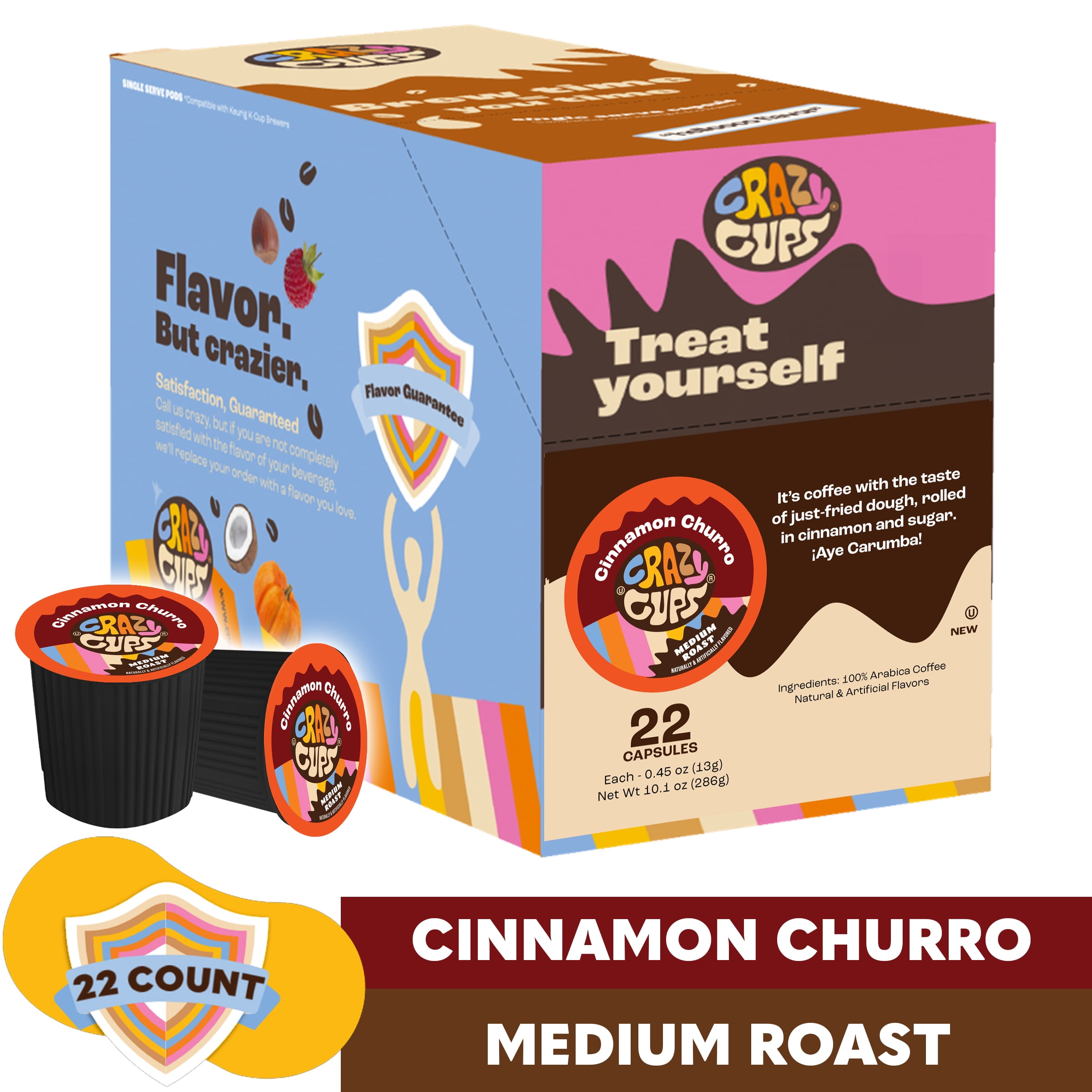 Crazy Cups Cinnamon Churro Coffee Pods, Medium Roast, Iced or Hot, 22 ...