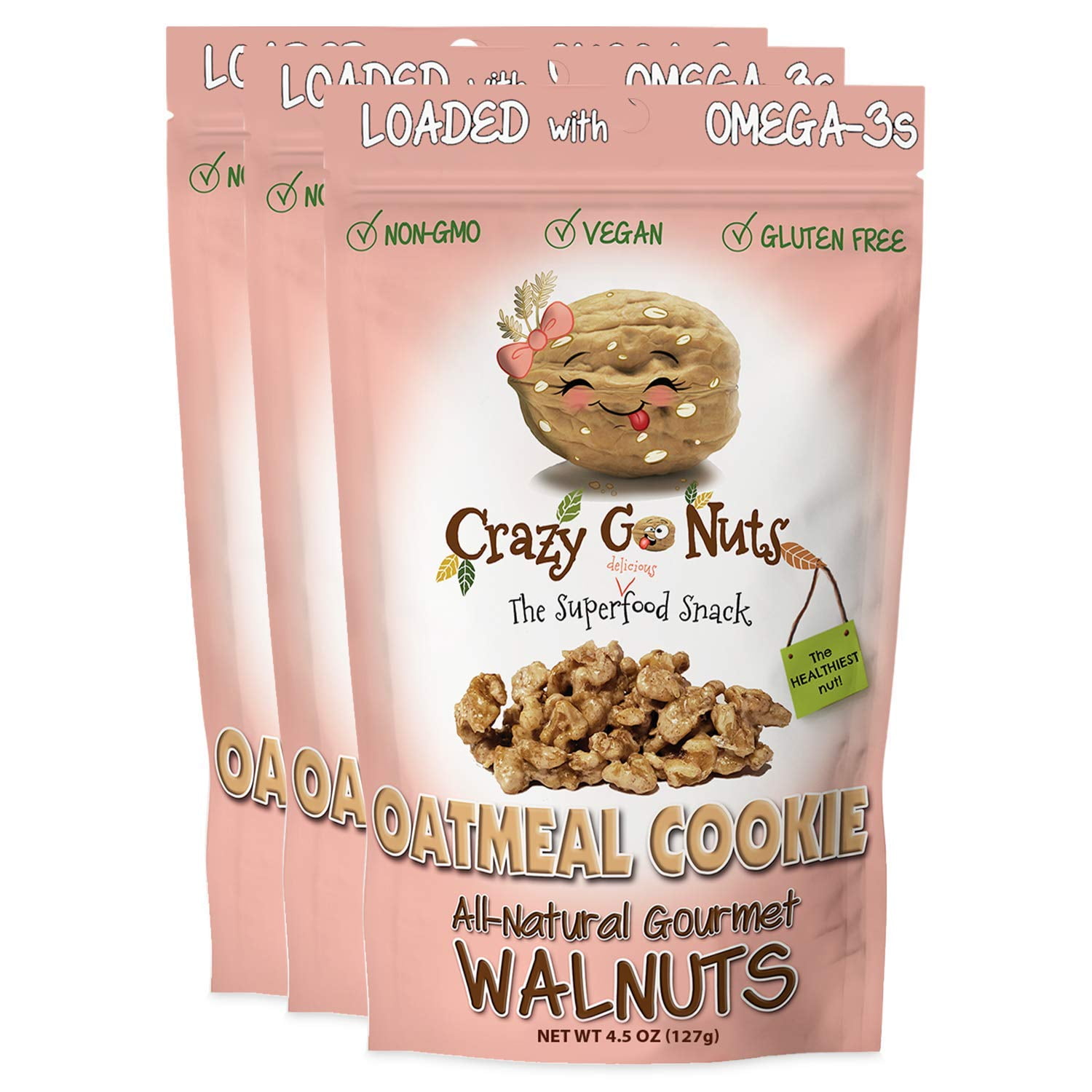 Crazy Go Nuts Walnuts MZF22 - Oatmeal Cookie, 4.5 oz (3-Pack) - Healthy Snacks, Vegan, Gluten ...