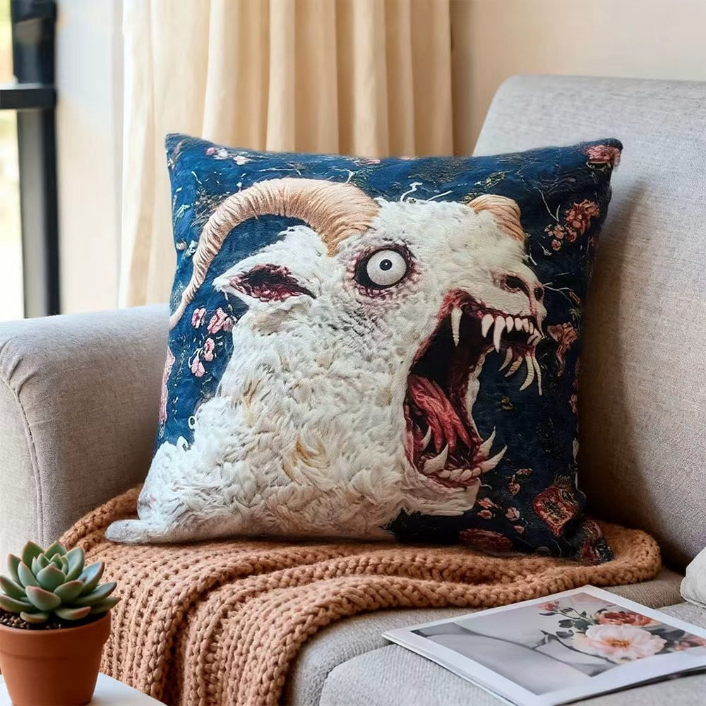 Crazy Goats Head Print Short Plush Pillow Cover, Single-Sided Wild ...