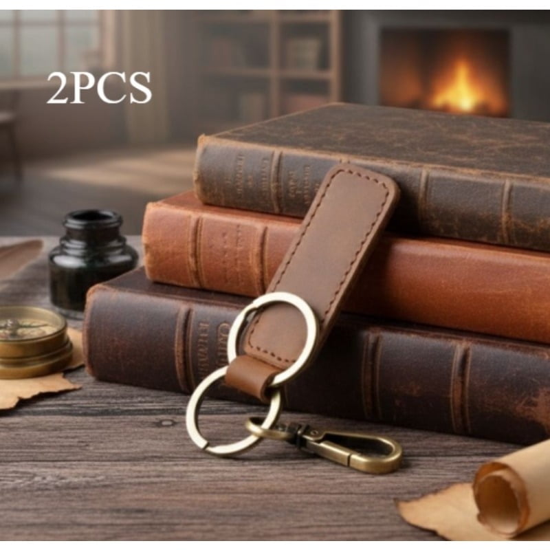 Crazy Horse Brown Leather Keychain - Genuine Leather Double Ring ...