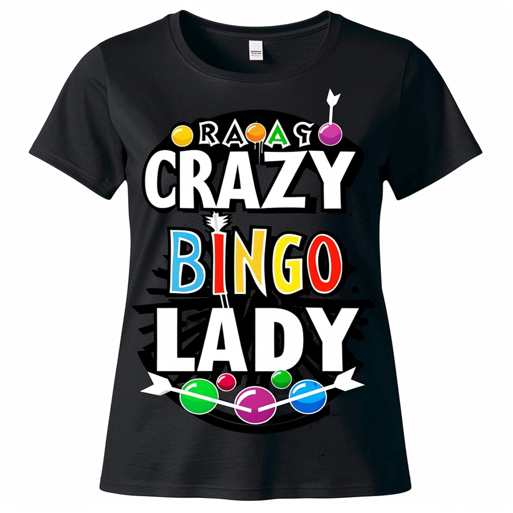 Crazy Lady Black T Shirt: Fun Rainbow Design with Faces & Playful Arrow ...