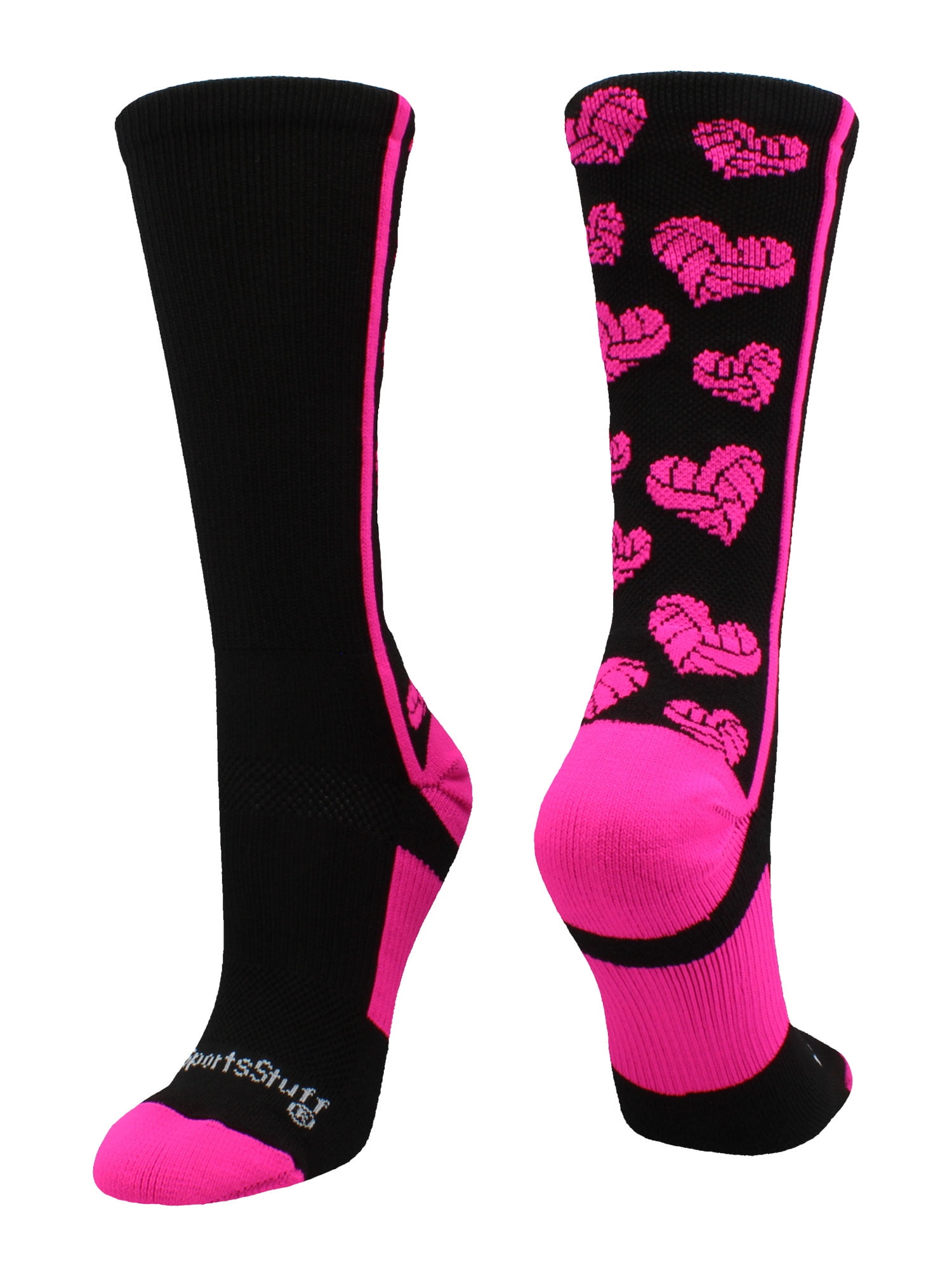 Crazy Love Volleyball Hearts Crew Socks (Black/Neon Pink, Small ...