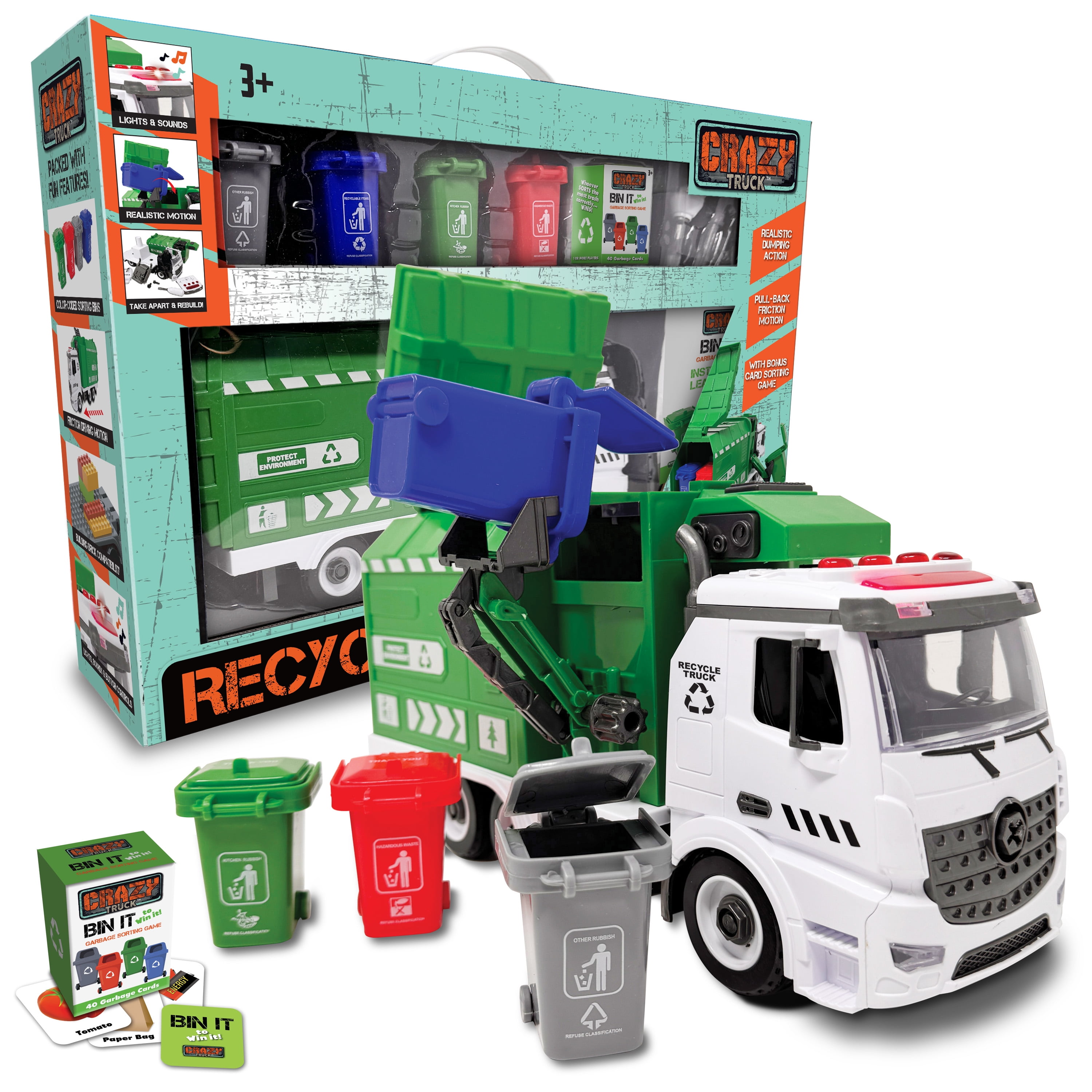 Crazy Truck 1:16 Scale Recycling Garbage Truck Toy with Lights & Sounds ...
