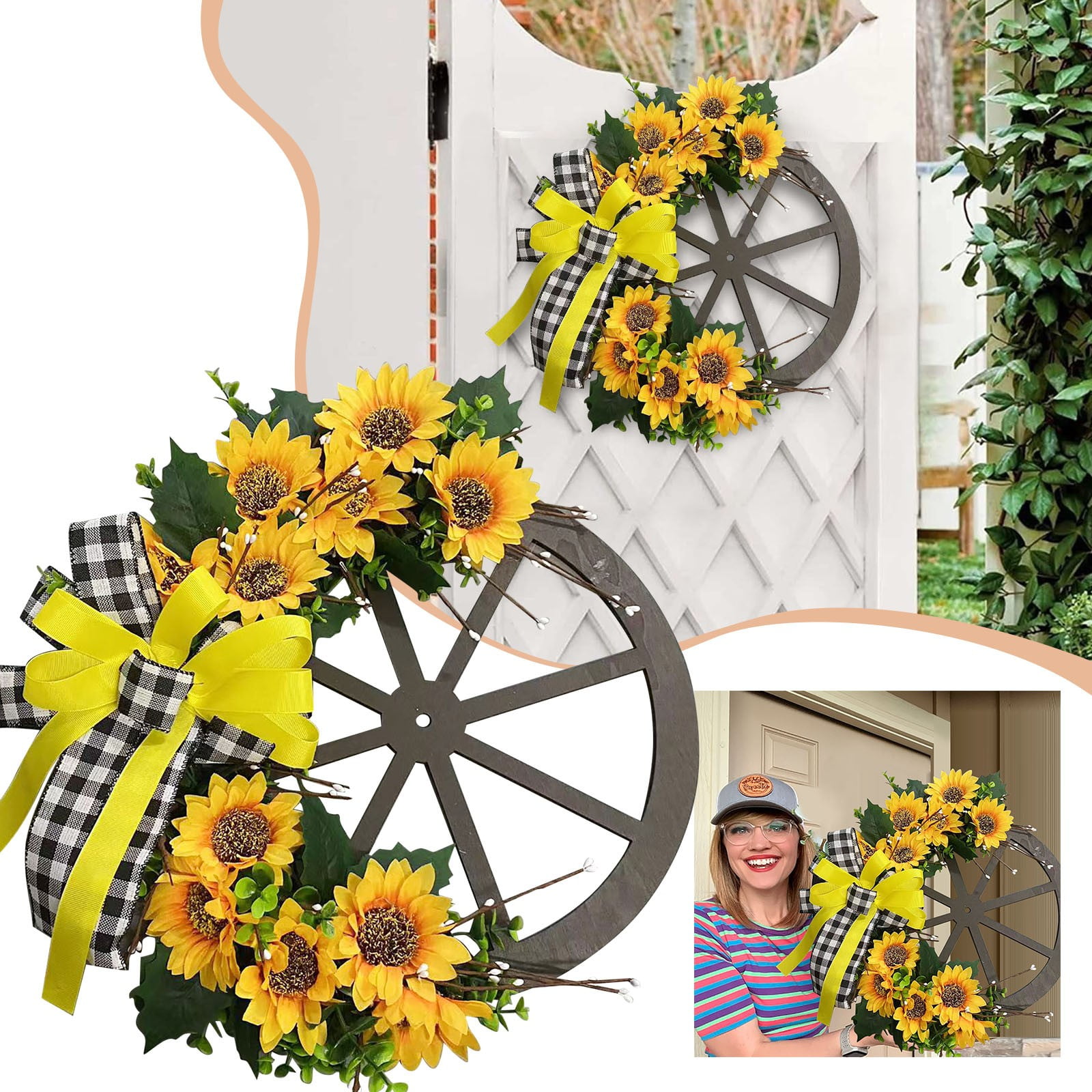 Crcmjuhgsa Wreath Decor Summer Family Wheel Sunflower Wreath Farmhouse ...