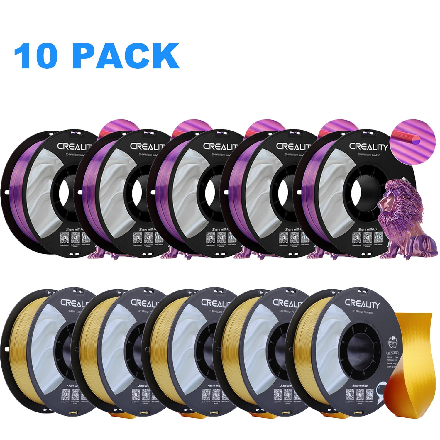 Creality Official 3D Printer Filament 10 Packs 1.75mm Silk PLA Filament ...